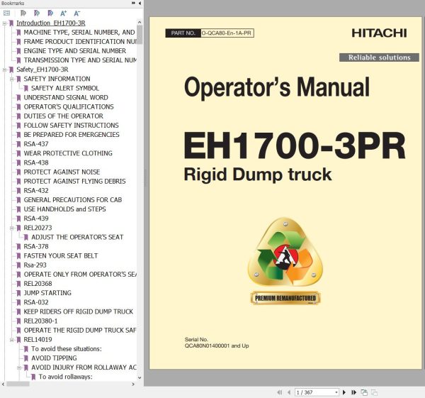 Hitachi Rigid Dump Truck EH1700-3PR Operator Manual