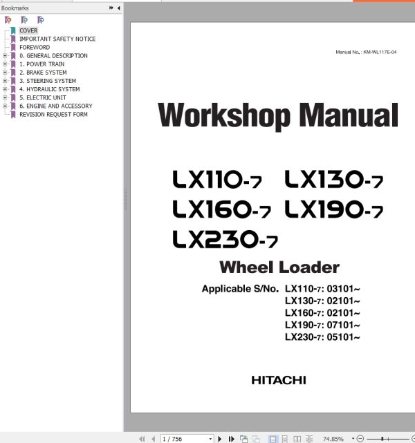 Hitachi Wheel Loader LX110-7 Workshop Manual KM-WL117E-04