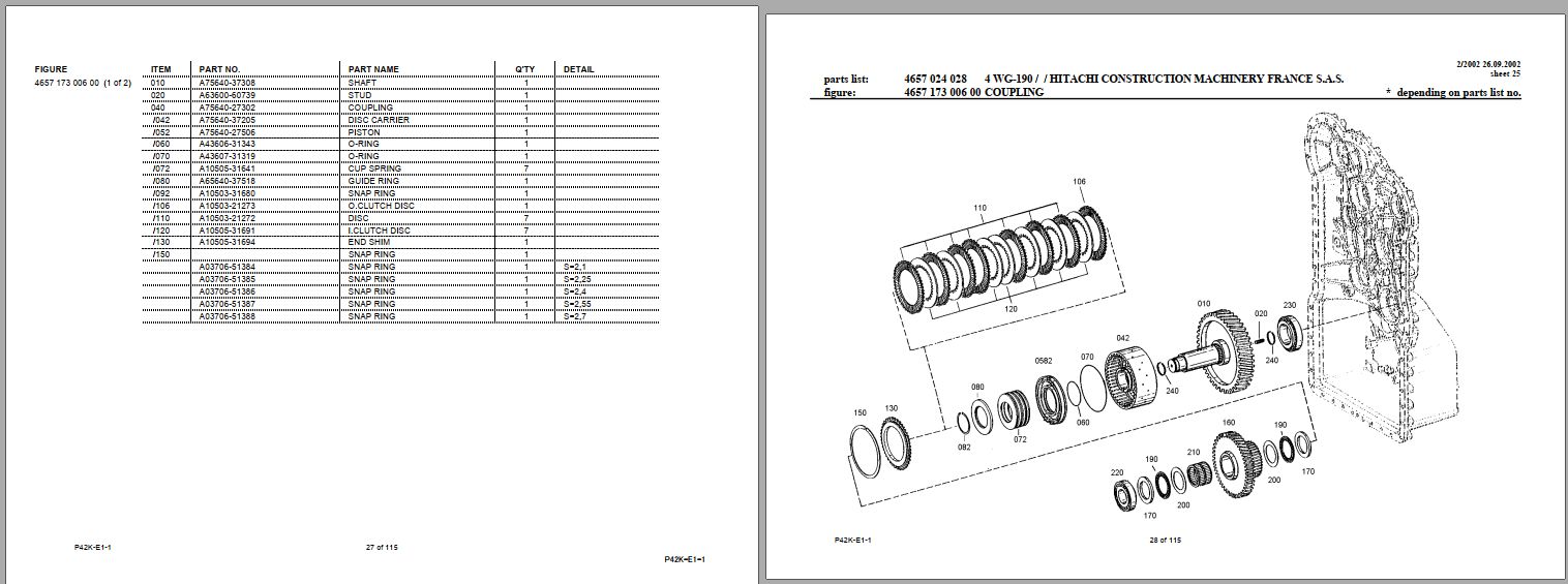 Hitachi Wheel Loader LX210E Component Parts Catalog P42K-E1-1