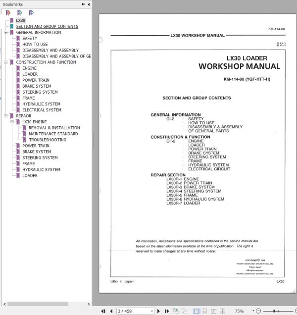 Hitachi Wheel Loader LX30 Workshop Manual KM114-00