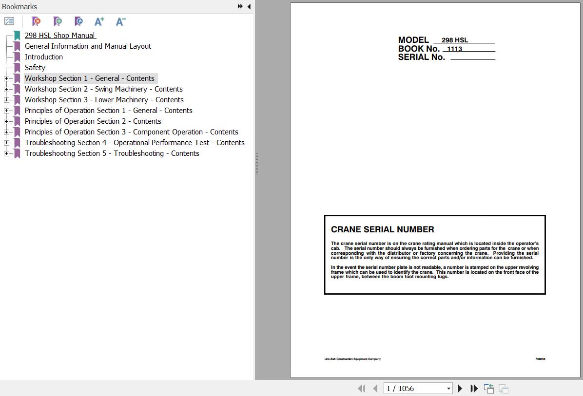 Link Belt Crane 298 HSL P3J8-9783 Workshop Operators Manual and Wiring ...