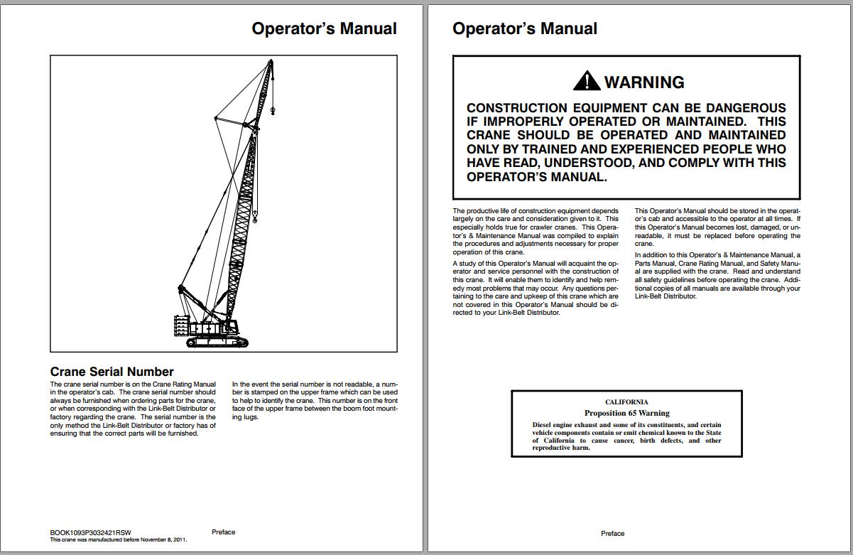 Link Belt Crane 298 HSL P3J8-9783 Workshop Operators Manual and Wiring ...
