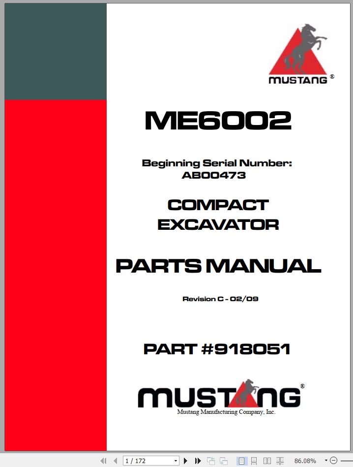 Mustang Compact Excavator ME6002 Parts Manual 918051C