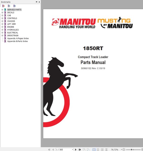 Mustang Compact Track Loader 1850RT Parts Manual 50960152C