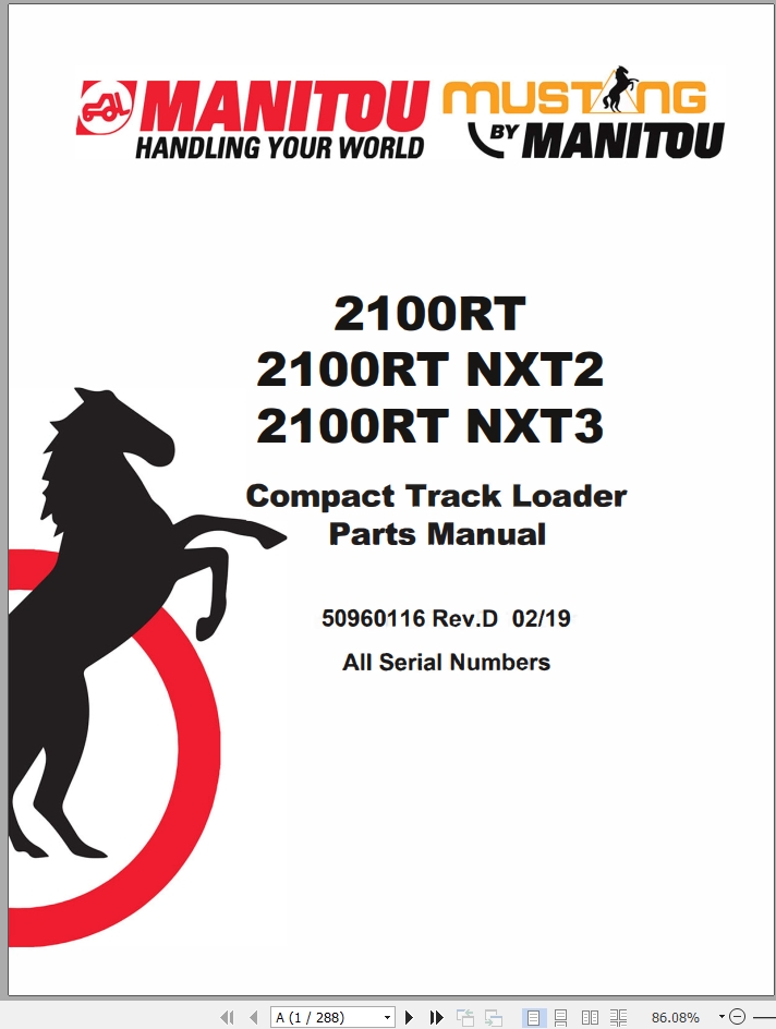 Mustang Compact Track Loader 2100RT NXT2 NXT3 Parts Manual 50960116D