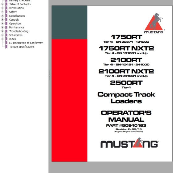 Mustang Compact Track Loader 1850RT 2150RT 2550RT Operator Manual ...