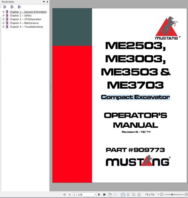 Mustang Excavator ME2503 ME3003 ME3503 ME3703 Operator Manual 909773G