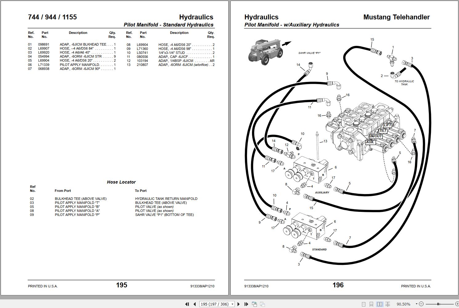 Mustang Telehandler 744 944 1155 Parts Manual