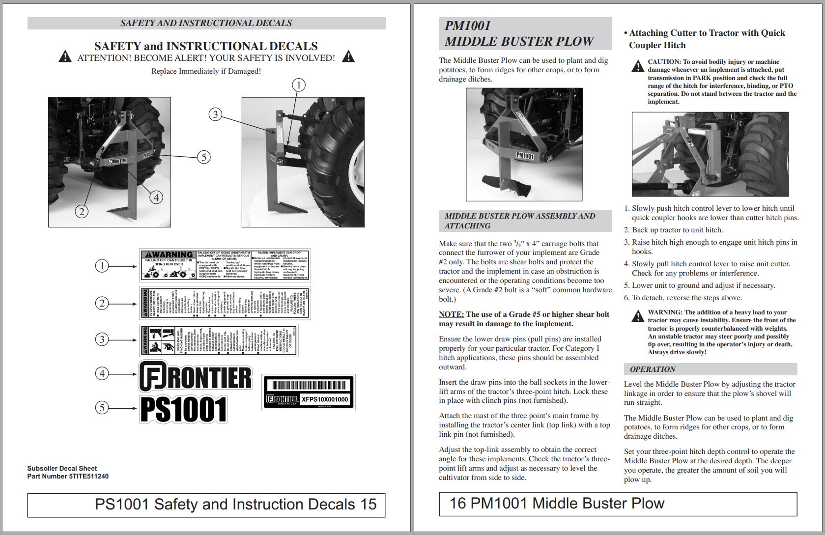 Frontier Small Tillage Equipment PS1001 - PB1002 Operator's Manual