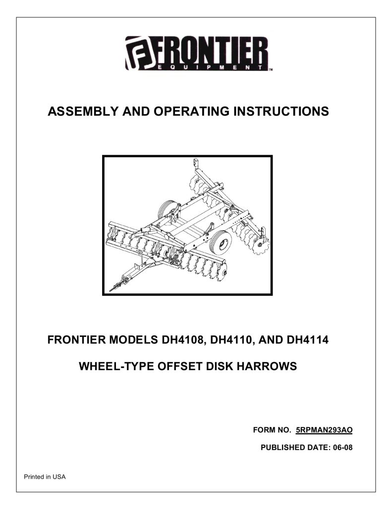 Frontier Wheel Offset Disk Harrow DH4108 - DH4114 Assembly Operating ...