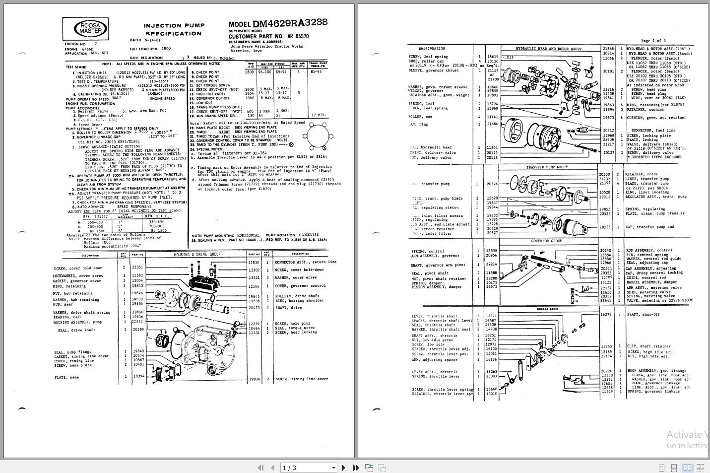 John Deere Stanadyne Injection Pump Part Catalog , Test Data