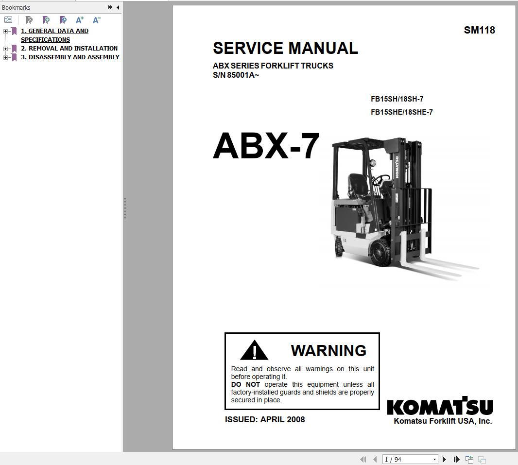 Komatsu Forklift FB15,18SH-7 (ABX) EV100 Operation Maintenance Service Manual
