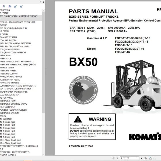 Komatsu Forklift FG(D)20,25,28,30,32,35(A)(H)(T)-16(N)(BX50)L.A Service Parts Manual