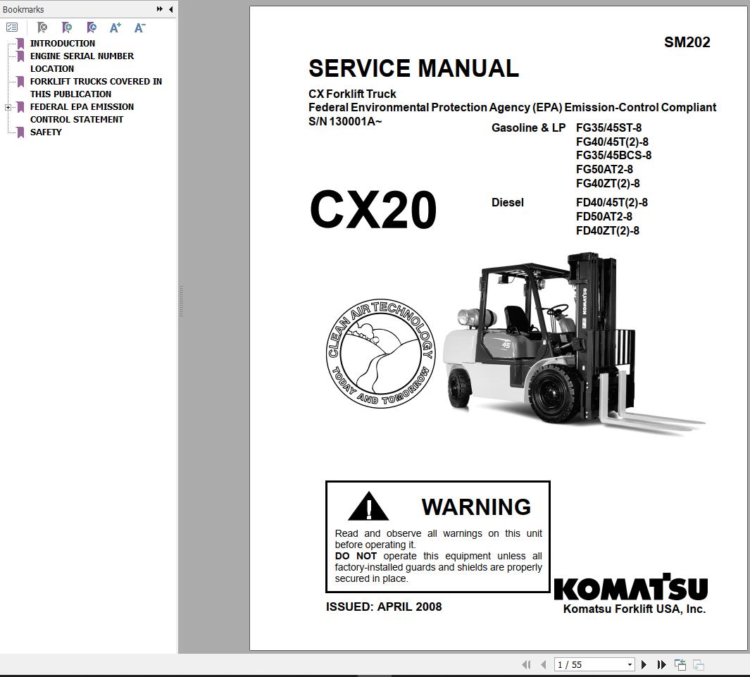 Komatsu Forklift FG(D)40,45,50(A)(C)(T)(Z)-8 (CX20) Service Parts Shop Operation Manual