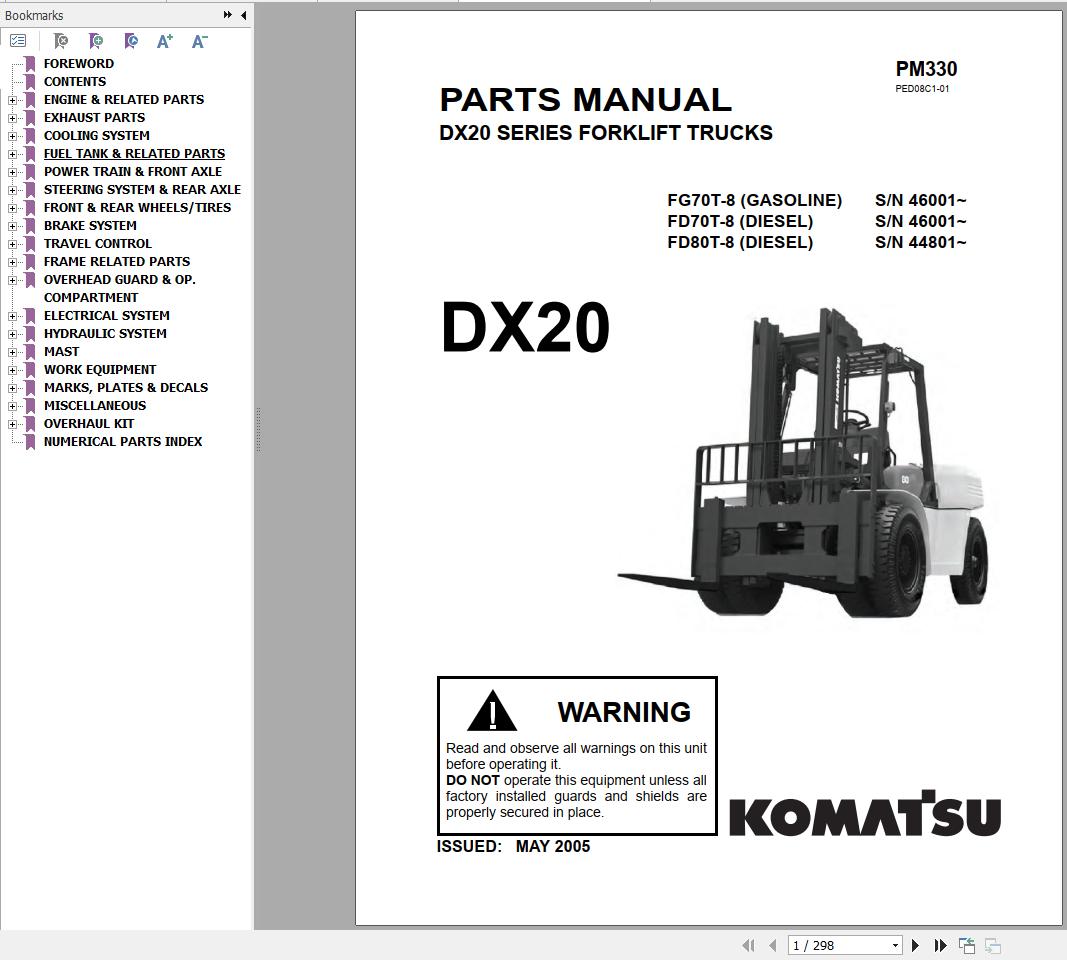 Komatsu Forklift FG(D)70 FD80-8 (DX20) Parts Shop Manual