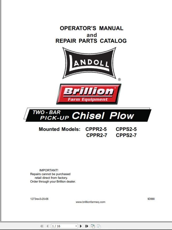 Landoll Chisel Plow CPPR2-5 to CPPS2-7 Parts Repair Operator’s Manual 9D990