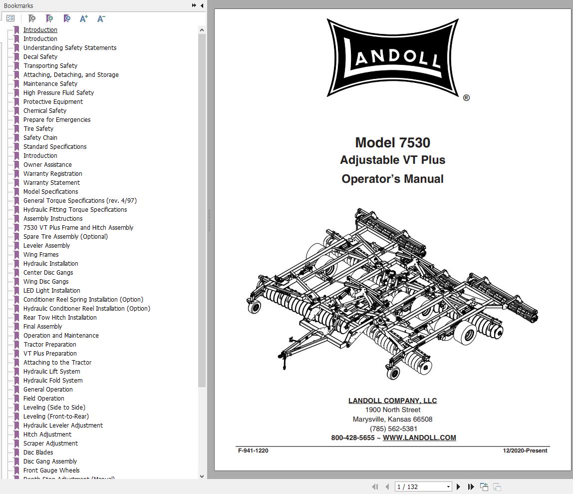 Landoll Disc 7530 Adjustable VT Plus Operator's Manual F-941-1220