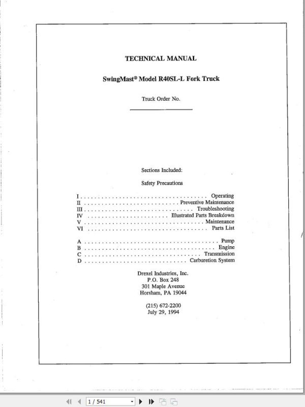 Landoll Drexel Forklift R40 Series Service Parts Technical Operation Manual