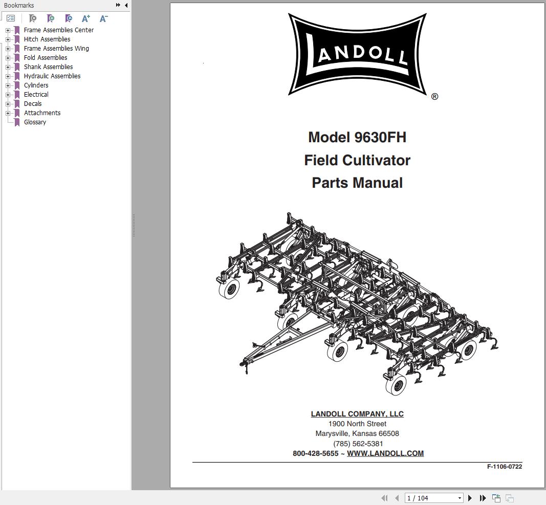 Landoll Field Cultivators 9630FH Parts Manual F-1106-0722