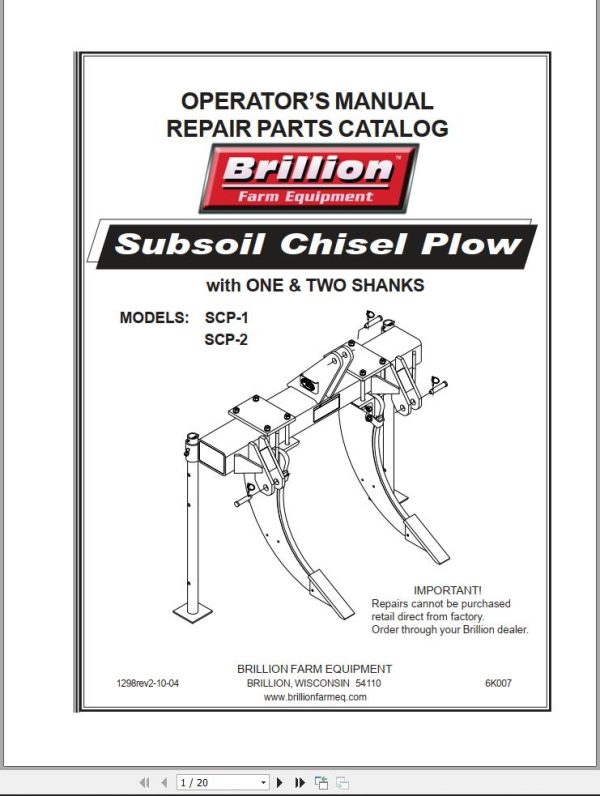 Landoll Subsoil Chisel Plow SCP-1 SCP-2 Parts Operator’s Manual 6K007