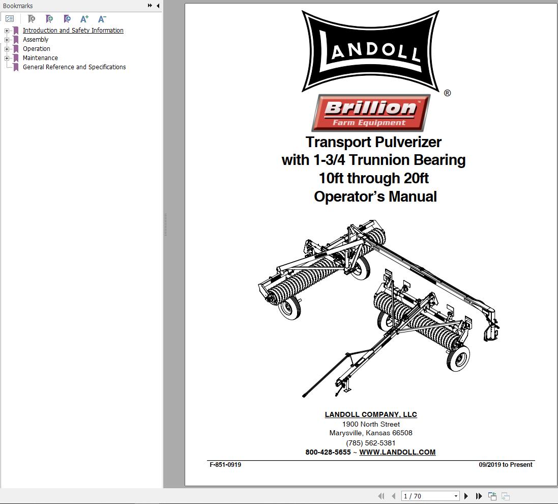 Landoll Transport Pulverizer 10FT Through 20FT Operator’s Manual F-8510 ...