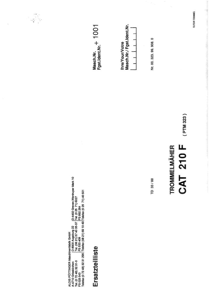 Pottinger Agricultural CAT 210 F Parts Catalog
