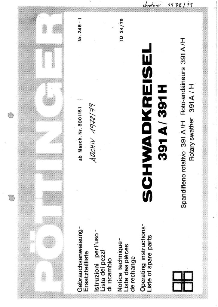 Pottinger Agricultural Schwadkreisel 391 Parts Catalog