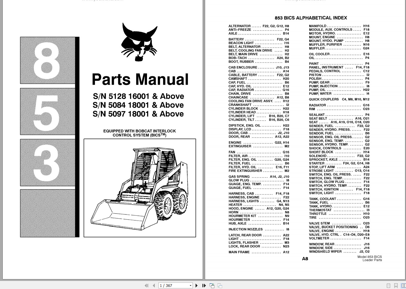 Bobcat Skid Steer Loaders 853 Parts Manual