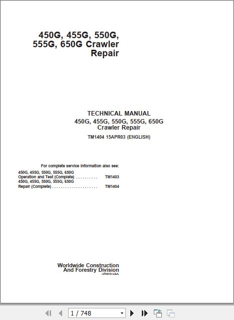 John Deere Crawler Dozer 450G 455G 550G 555G 650G Technical Repair Manual TM1404