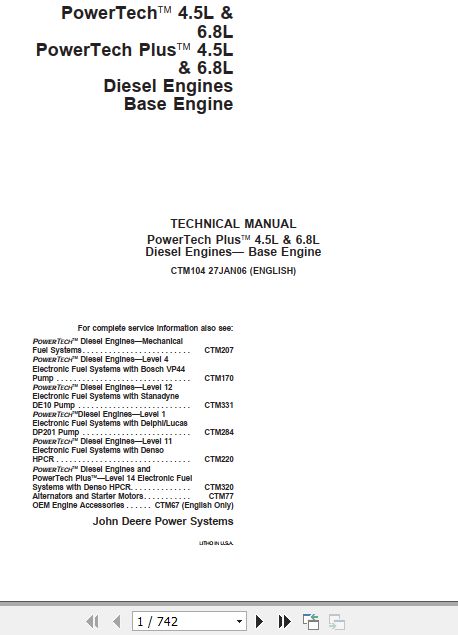 John Deere Diesel Engine Powertech Plus 4.5L 6.8L Technical Manual CTM104