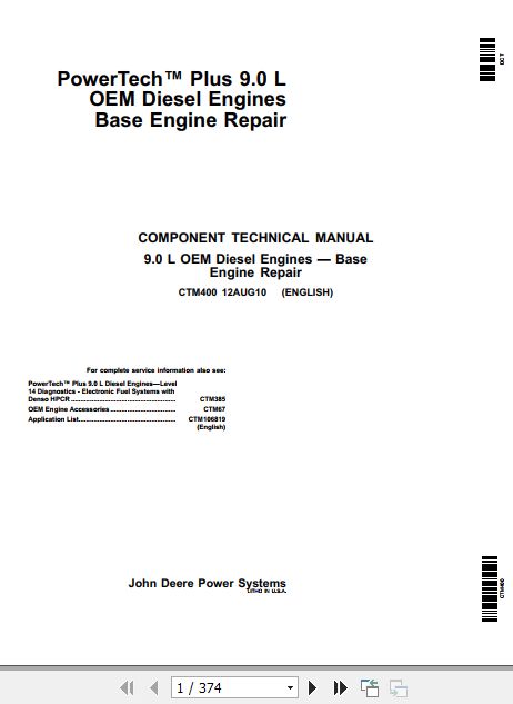 John Deere Diesel Engine Powertech Plus 9.0 L OEM Technical Repair ...