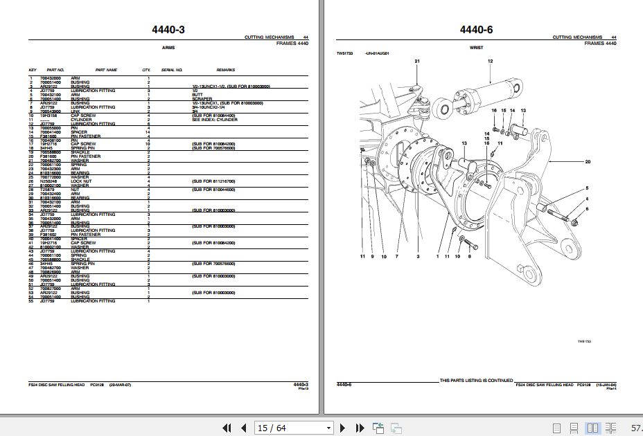 John Deere Disc Saw Felling Head FS24 Parts Catalog PC9128