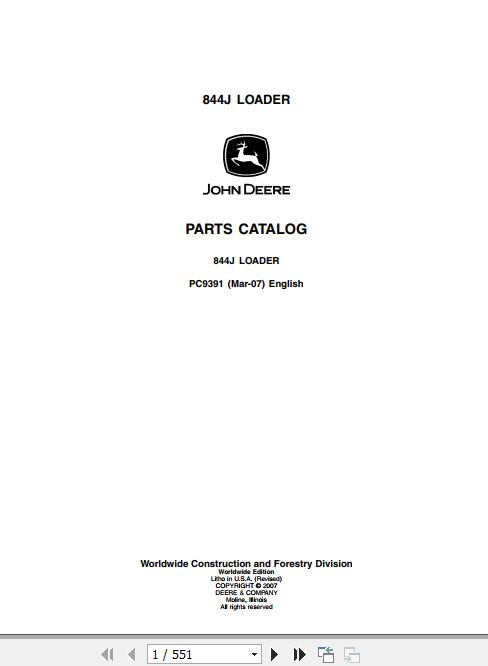 John Deere Loader 844J Parts Catalog PC9391