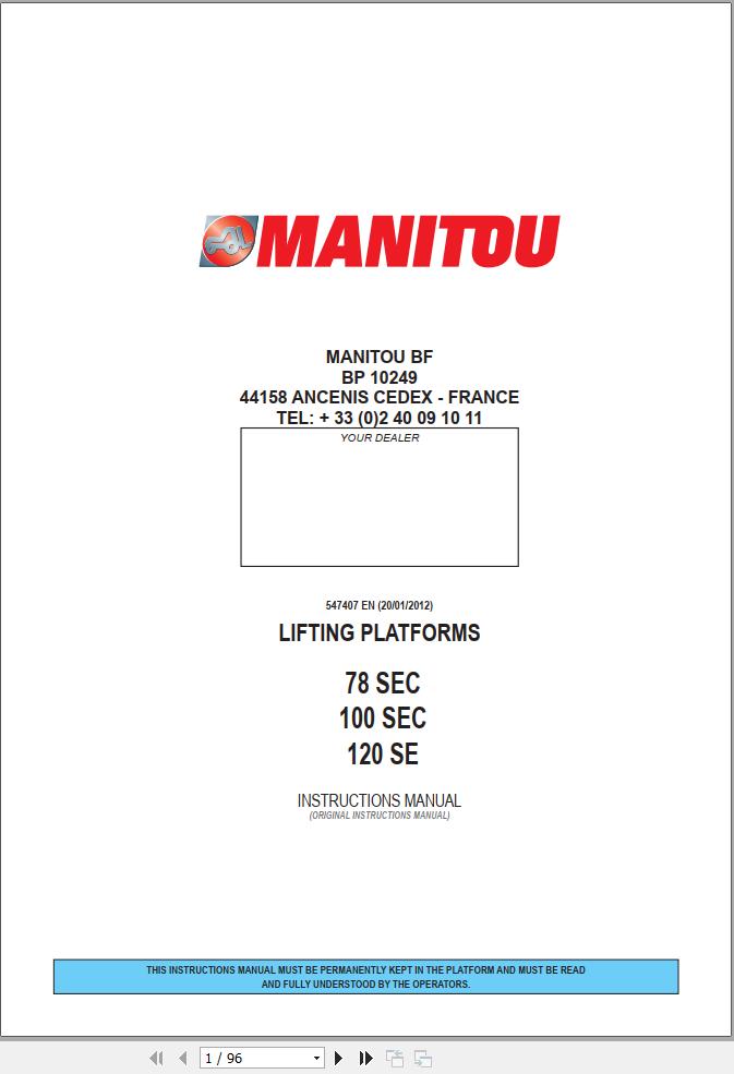 Manitou Lifting Platform 78SEC 100SEC 120SE Instructions Manual 547407