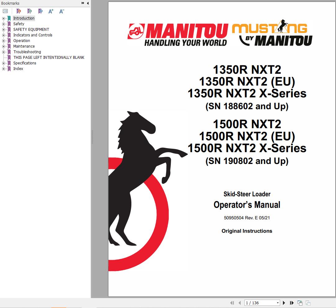Manitou Loader 1350RNXT2 to 1500RNXT2 X-Series Operator's Manual 50950504E