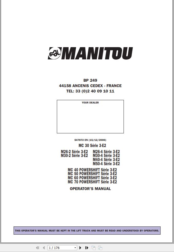 Manitou M26-2 series3-E2 To MC70 POWERSHIFT Series3-E2 Operator Manual ...