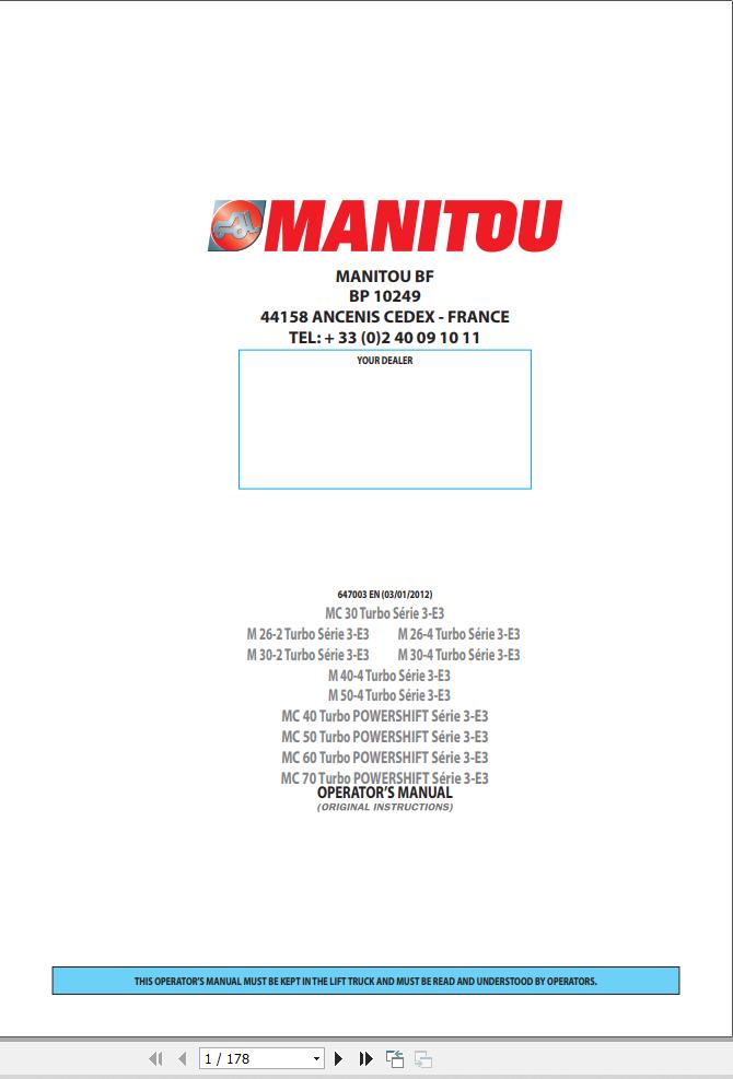 Manitou MC30 Turbo to M50-4 Turbo Series 3-E3 Operator Manual 647003