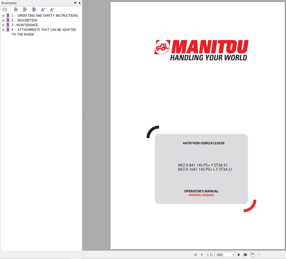 Manitou MLT-X841145PS+YST3AS1 MLT-X1041145PS+LYST3AS1 Operator Manual
