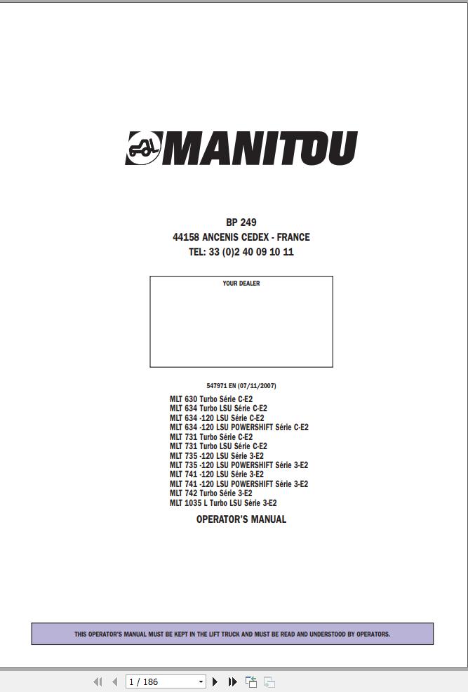 Manitou MLT630 Series To MLT1035L Series Operator Manual 547971