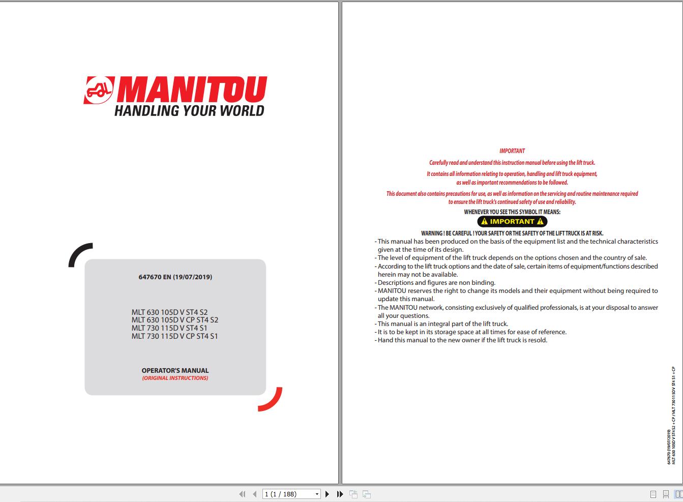 Manitou MLT630105DVST4S2 To MLT730115DVCPST4S1 Operator Manual 647670