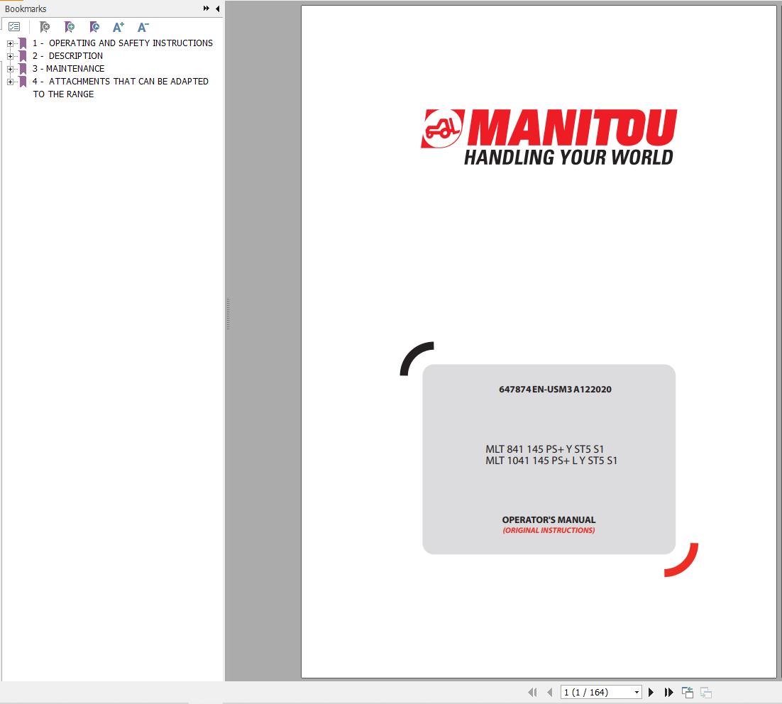 Manitou MLT841145PS+YST5S1 MLT1041145PS+LYST5S1 Operator Manual