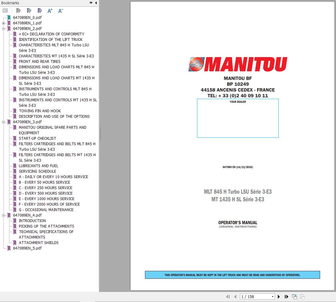 Manitou MLT845H Turbo LSU Series3-E3 MT1435HSL Series3-E3 Operator Manual 647089
