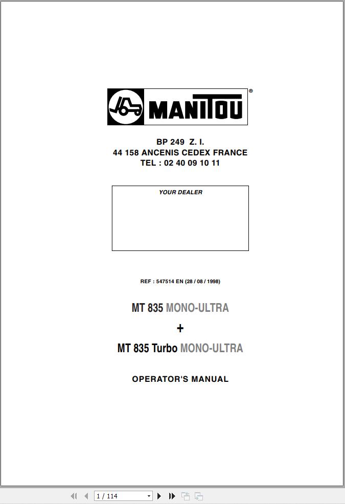 Manitou MT835 Mono-Ultra MT835 Turbo Mono-Ultra Operator Manual 547514