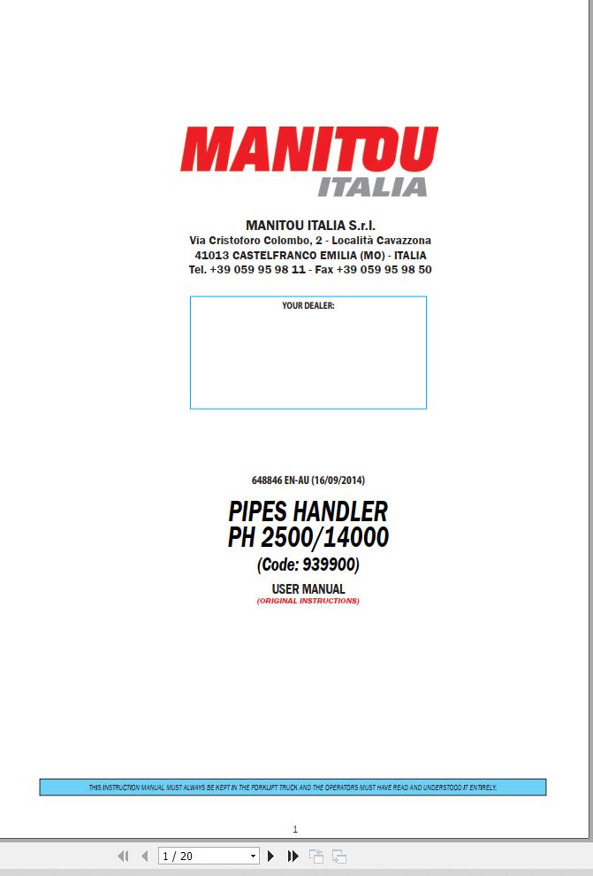 Manitou Pipes Handler PH2500 PH14000 User Manual 648846 EN AU