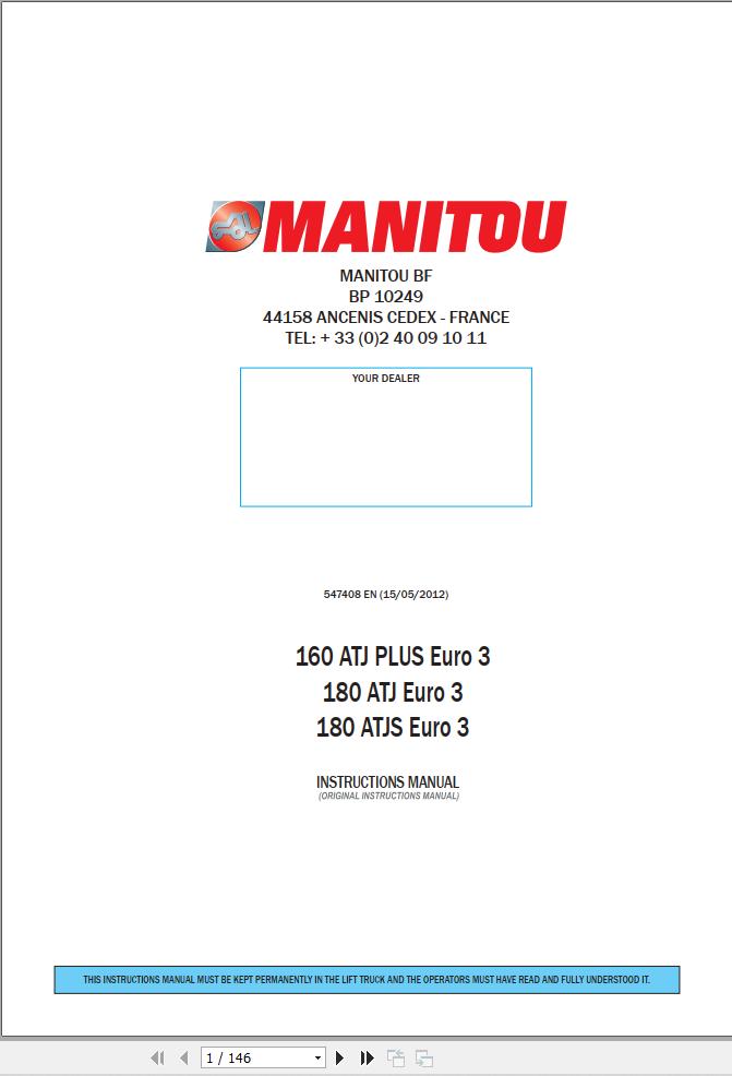 Manitou Platform 160ATJ PLUS Euro3 to 180ATJS Euro3 Instruction Manual ...