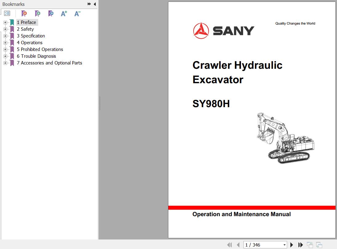 Sany Excavator SY980H Operation and Maintenance Manual EN