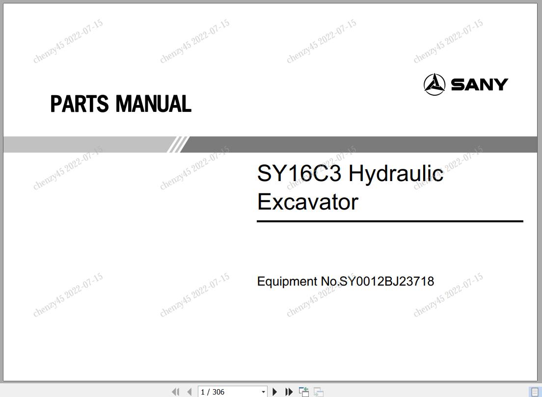 Sany Hydraulic Excavator SY16C Parts Manual SY0012BJ23718 EN