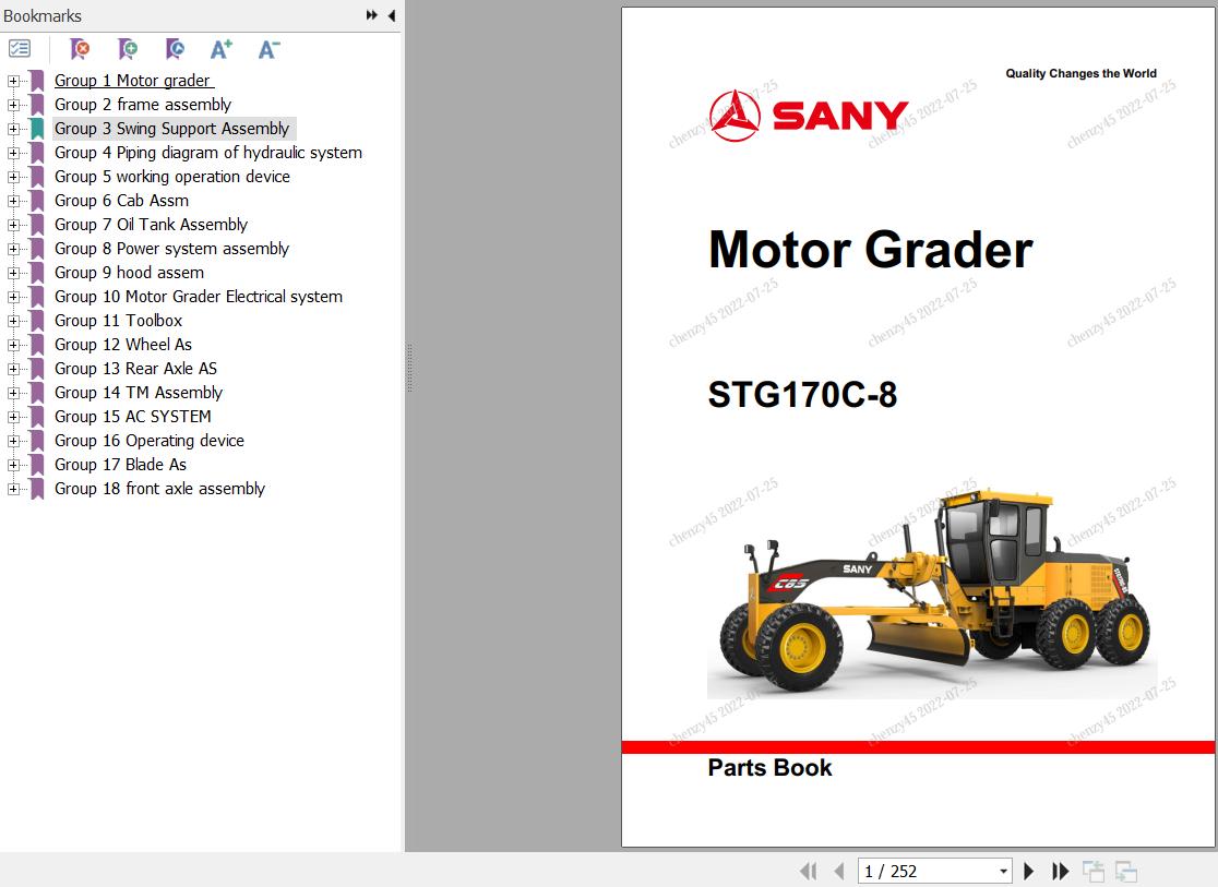 Sany Motor Grader STG170C-8 Parts Book PY5517CB0468 EN