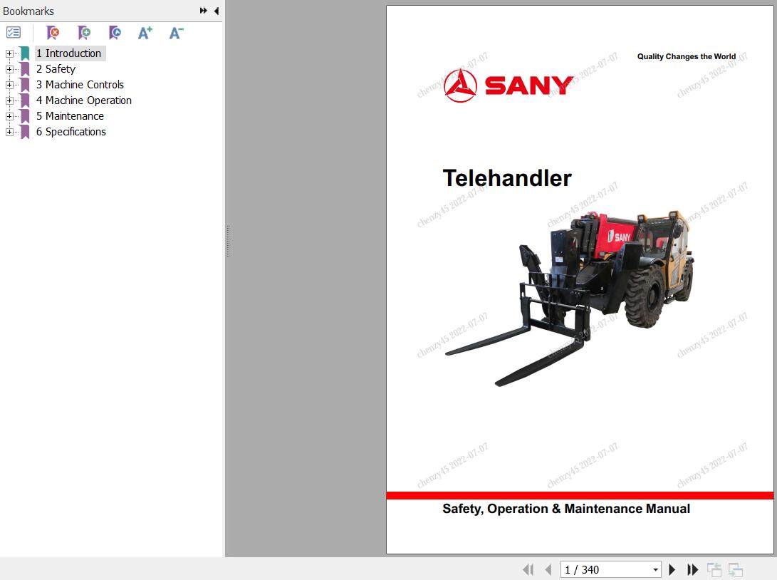 Sany Telehandler STH0844 Operation and Maintenance Manual EN