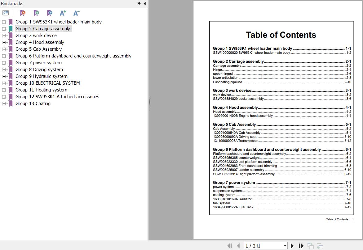 Sany Wheel Loader SW953K1 Parts Book SSW100000020 EN